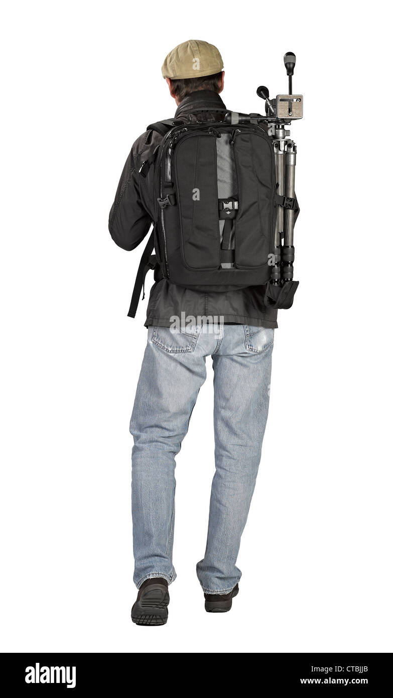 Photographer hiker, back view on white background Stock Photo - Alamy