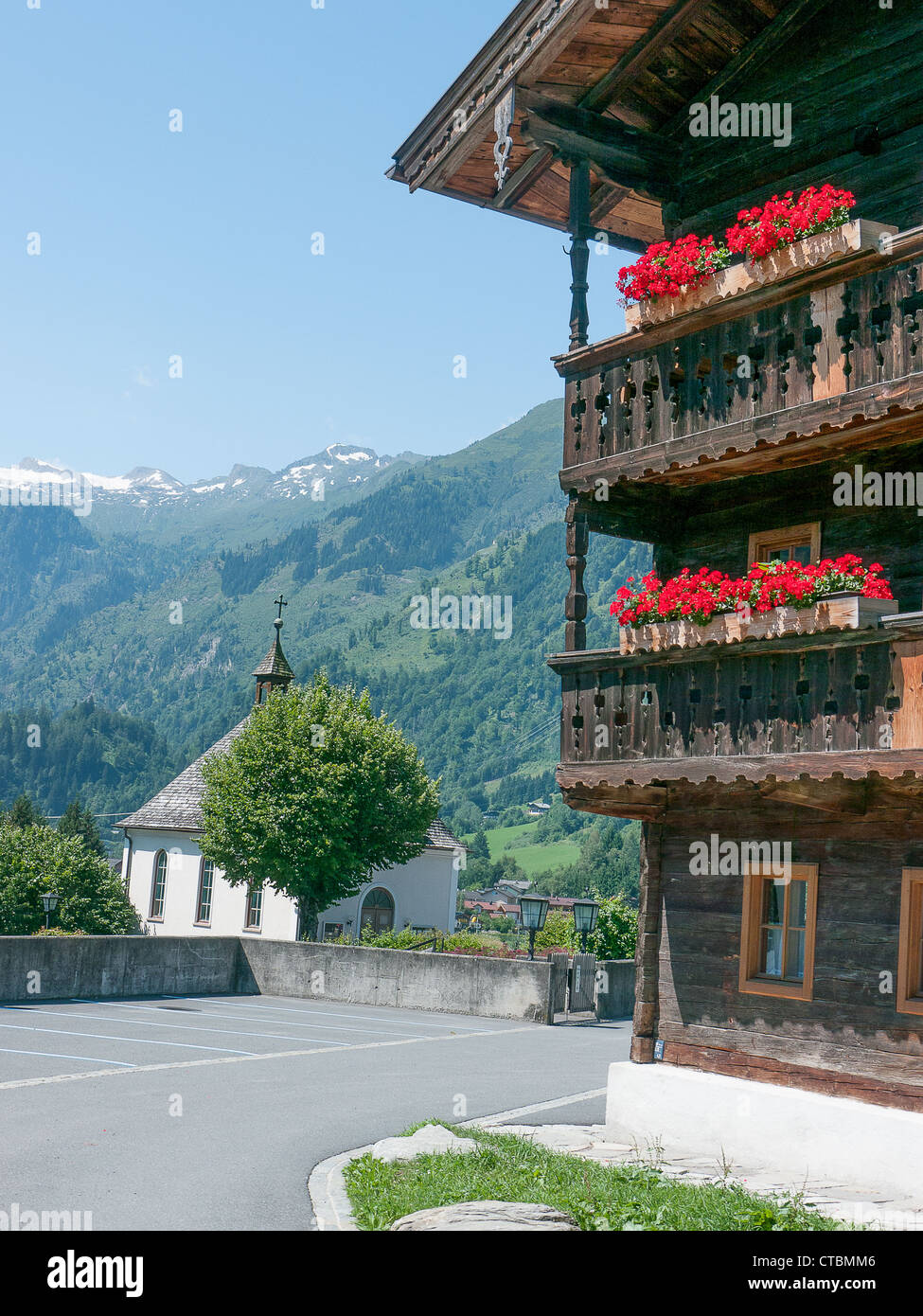 Traditional wooden houses in Tyrolean village of Kaprun at the foot of ...