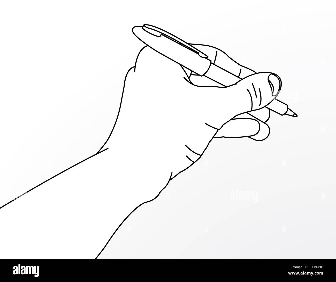Line drawing of hand with pen Stock Photo - Alamy
