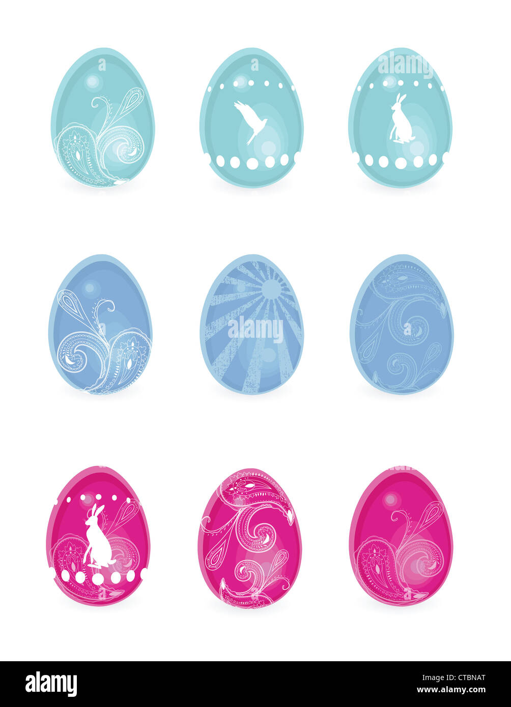 9 different colorful eggs. All elements on separate layers, easily ...