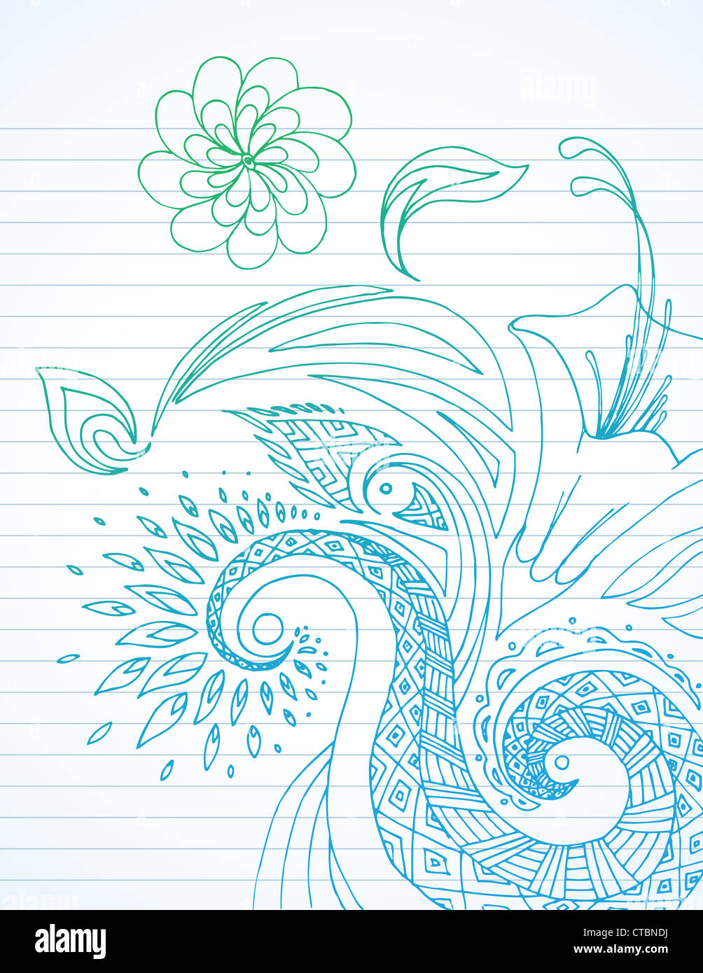 Line drawn floral on lined paper Stock Photo - Alamy