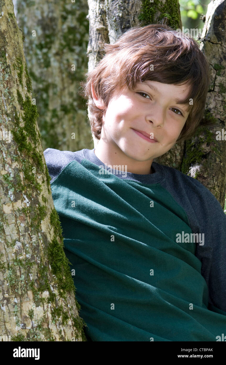 Portrait of a cheeky young boy sitting in a tree Stock Photo - Alamy