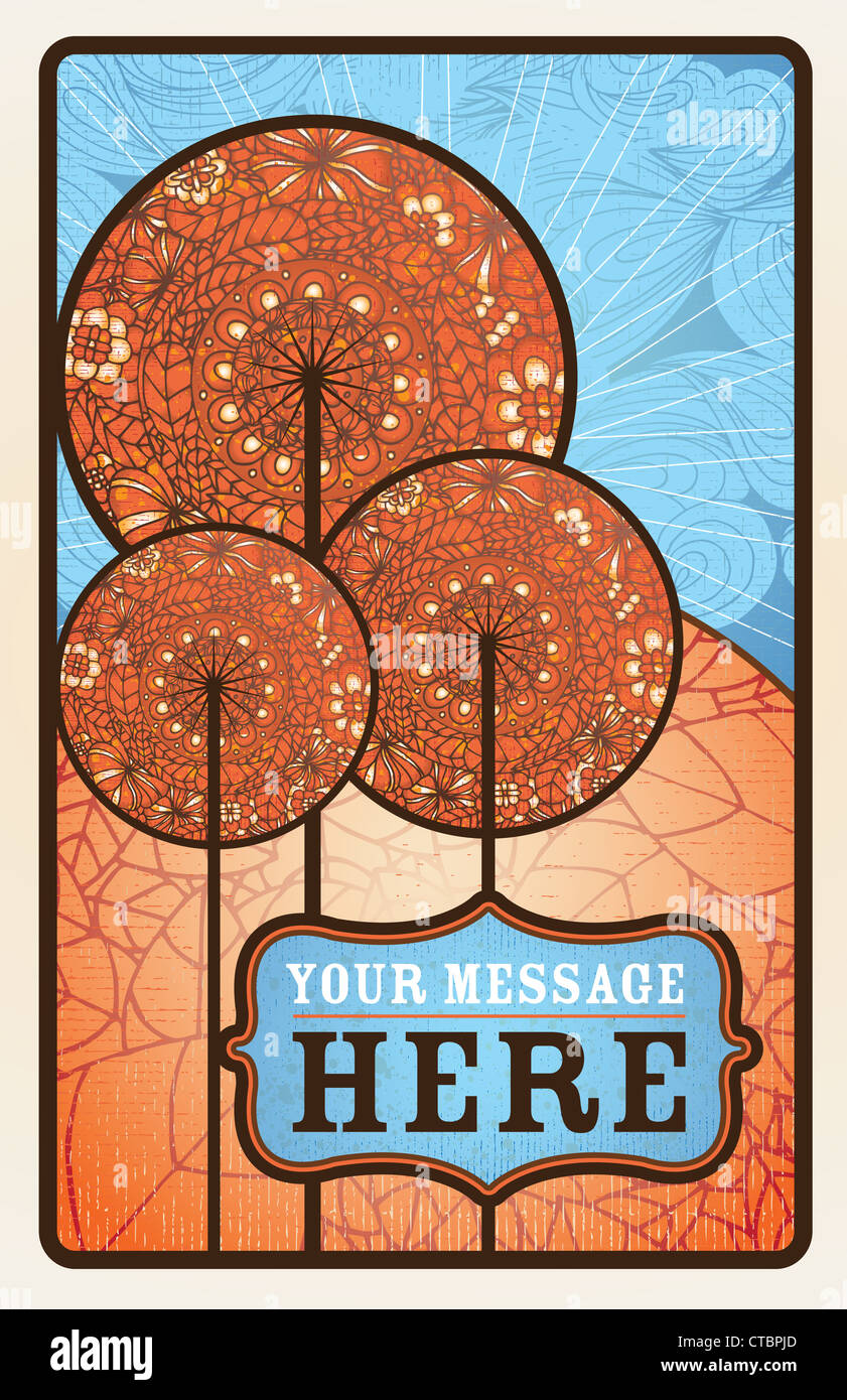 Three floral trees with banner on textured background Stock Photo - Alamy