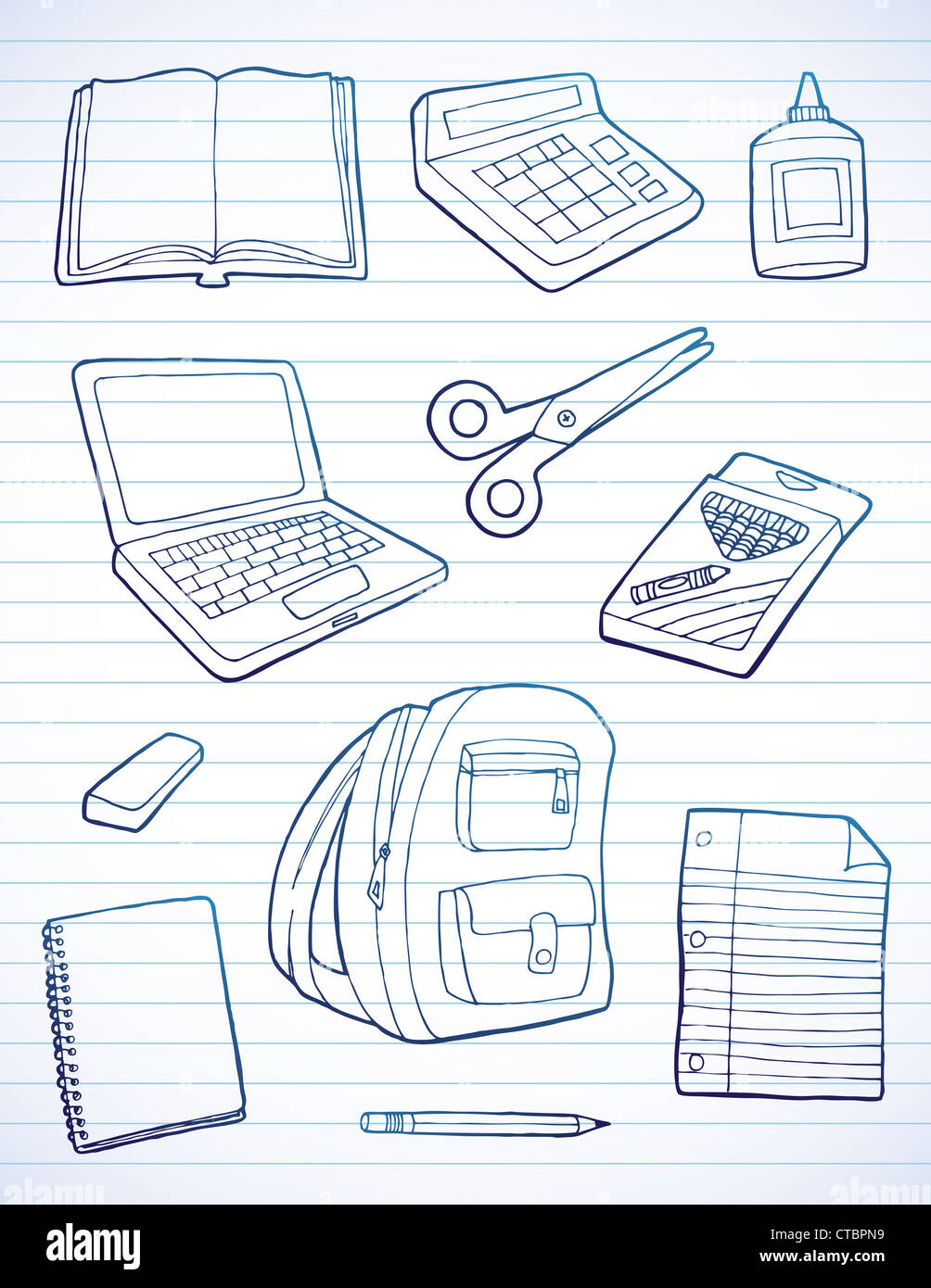 Hand drawn school supplies on lined paper Stock Photo - Alamy