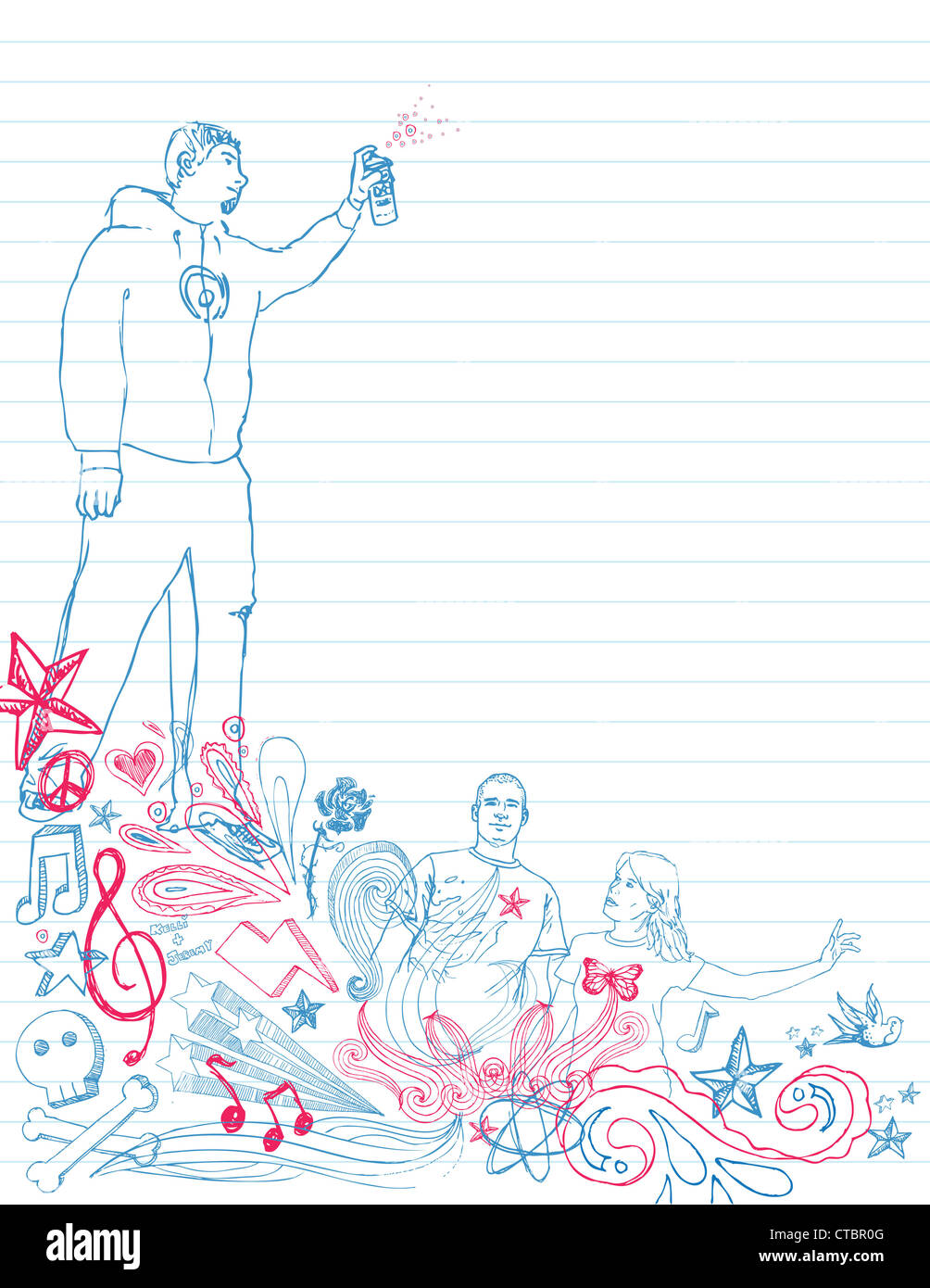Hand drawn people and doodles on lined paper Stock Photo - Alamy