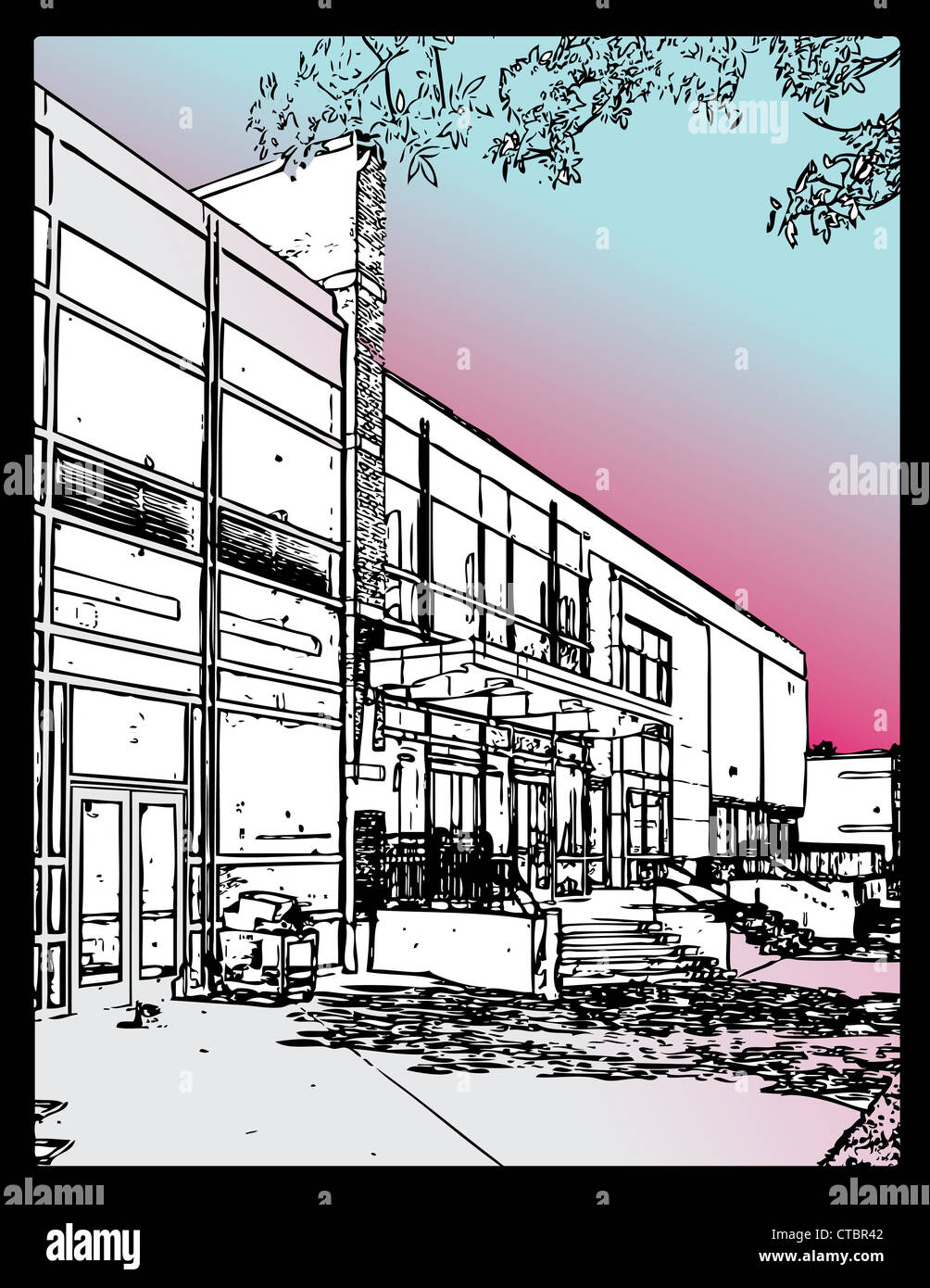 Hand drawn sketch of building with sunset background Stock Photo - Alamy