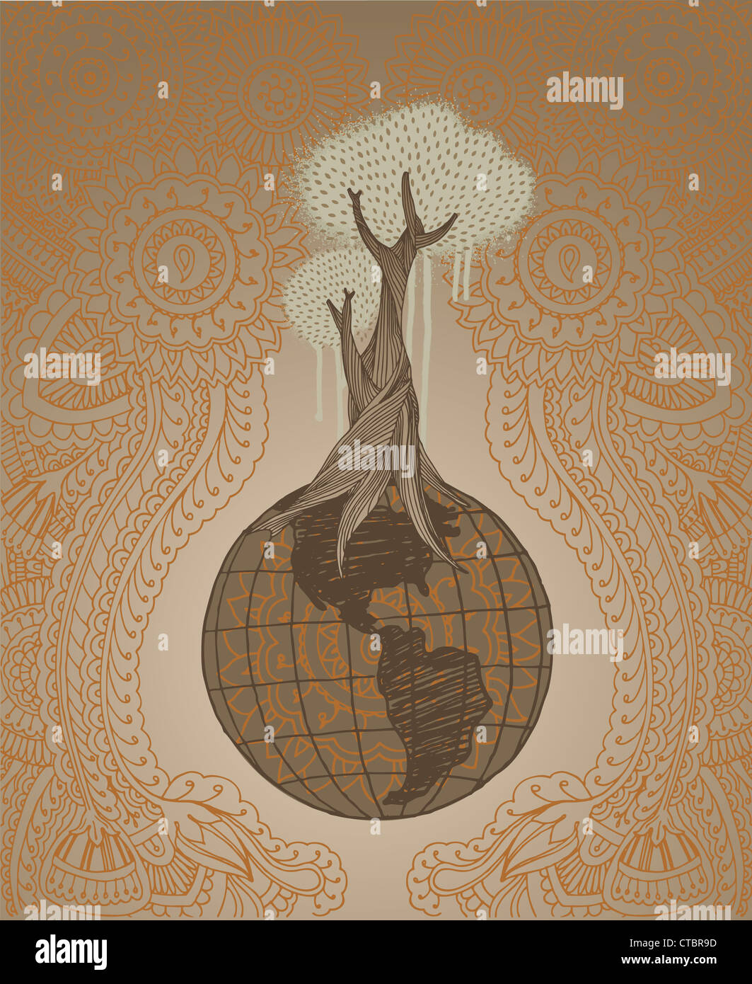 Tree ontop of hand drawn tree with henna background Stock Photo - Alamy