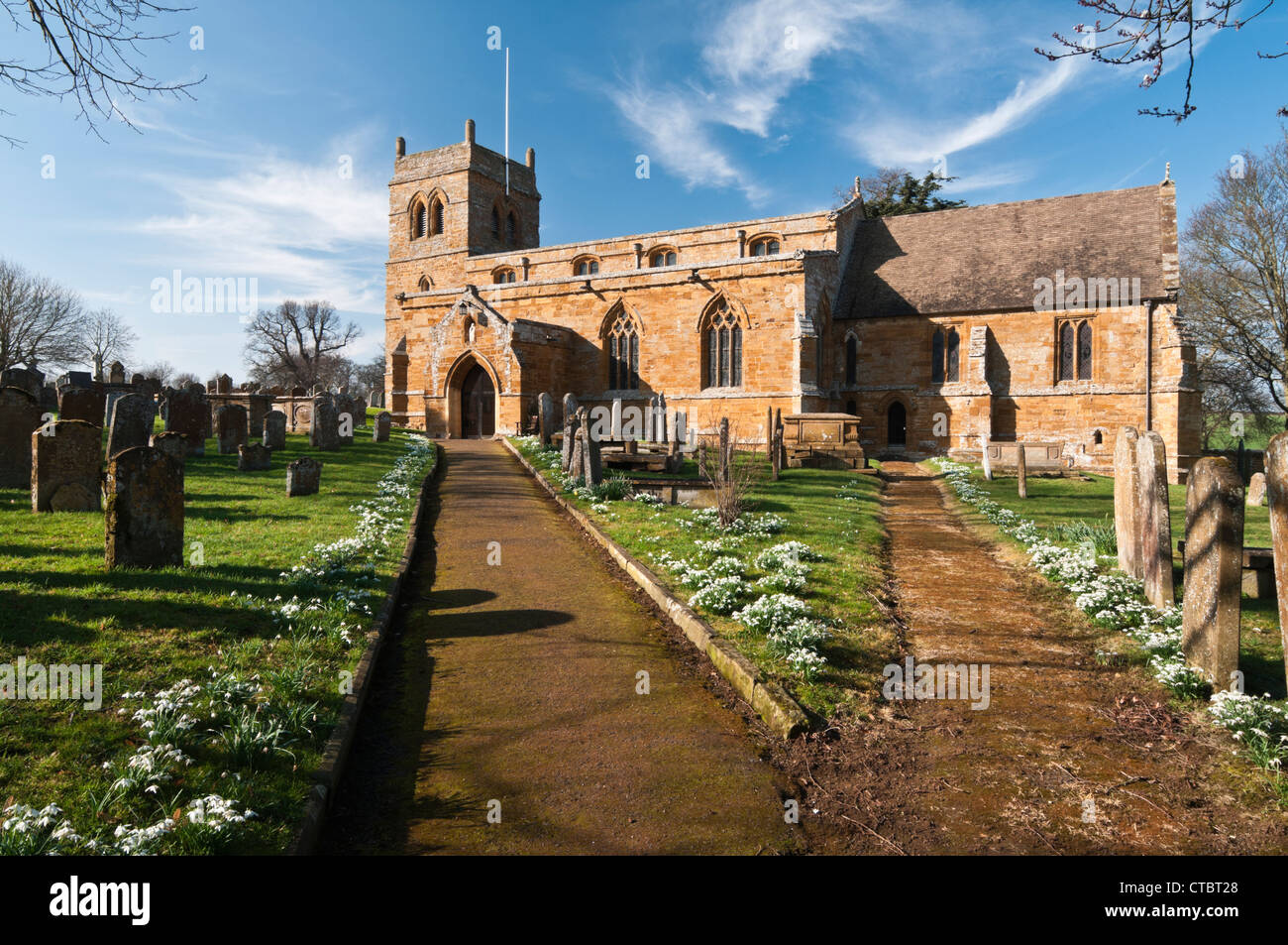 Snowdrops line the paths within the churchyard of St Andrew's church in ...