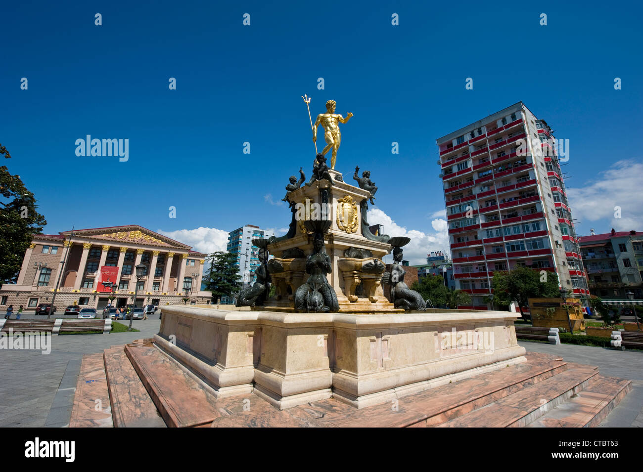 The gold-colored statue of Poseidon in Batumi, Georgia, one of the city ...