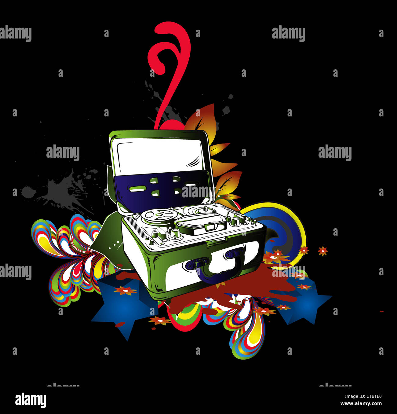vector colorful concert poster with old tape recorder Stock Photo - Alamy