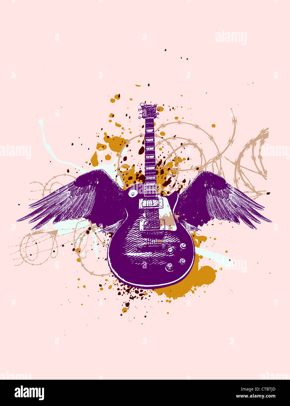 Flying guitar with wings and grunge background Stock Photo - Alamy