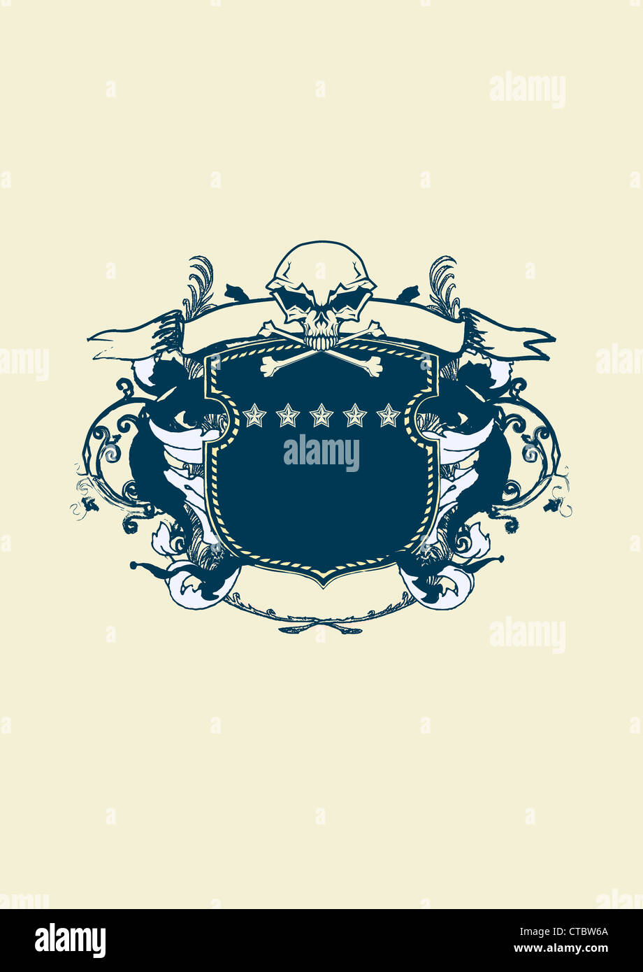 An heraldic shield or badge with stylized human skull and snakes, blank ...