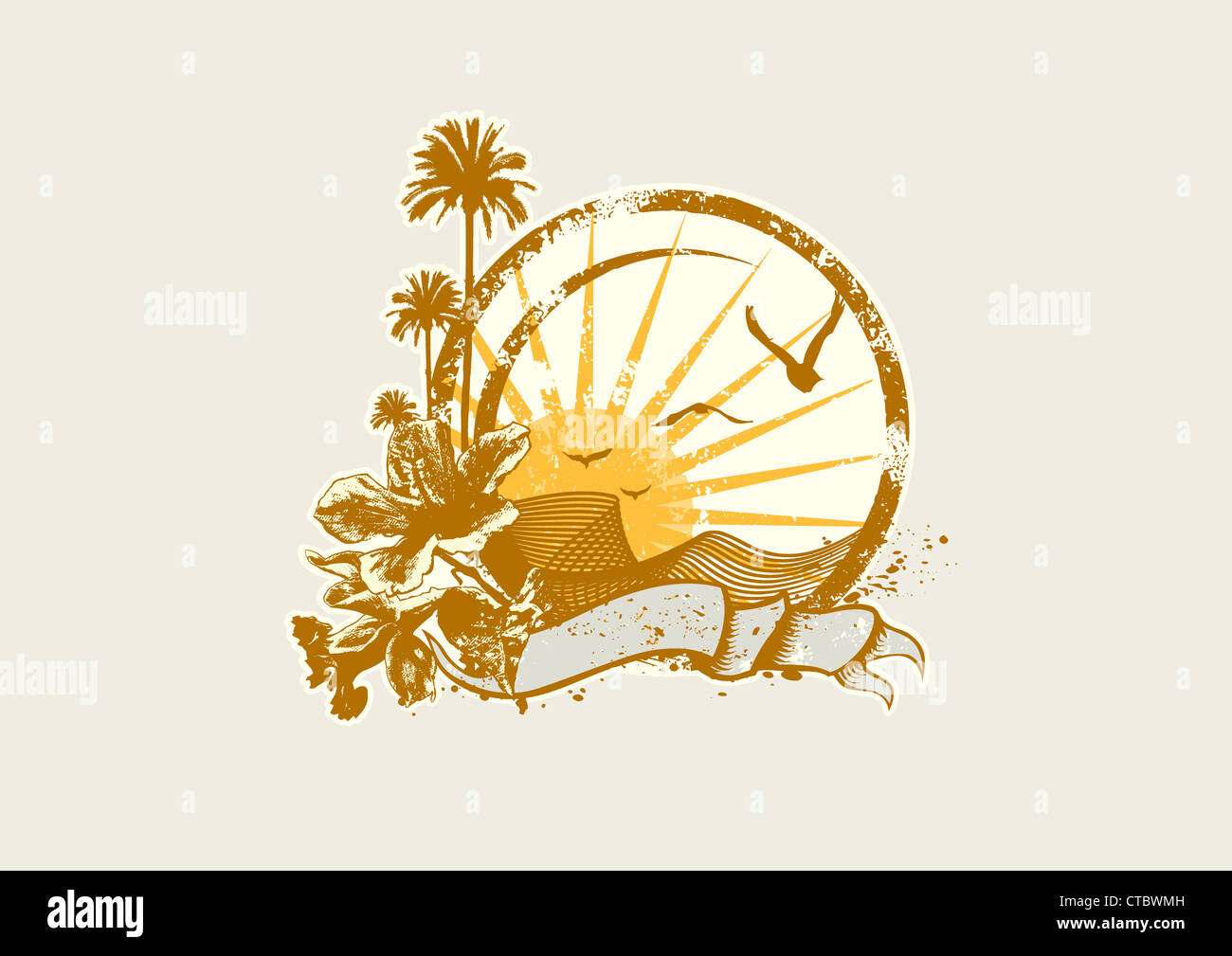 Vector insignia and banner. Surice on the tropical ocean coast. Grunge ...