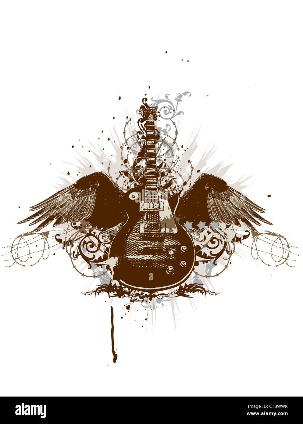 Flying guitar with wings and grunge background Stock Photo - Alamy