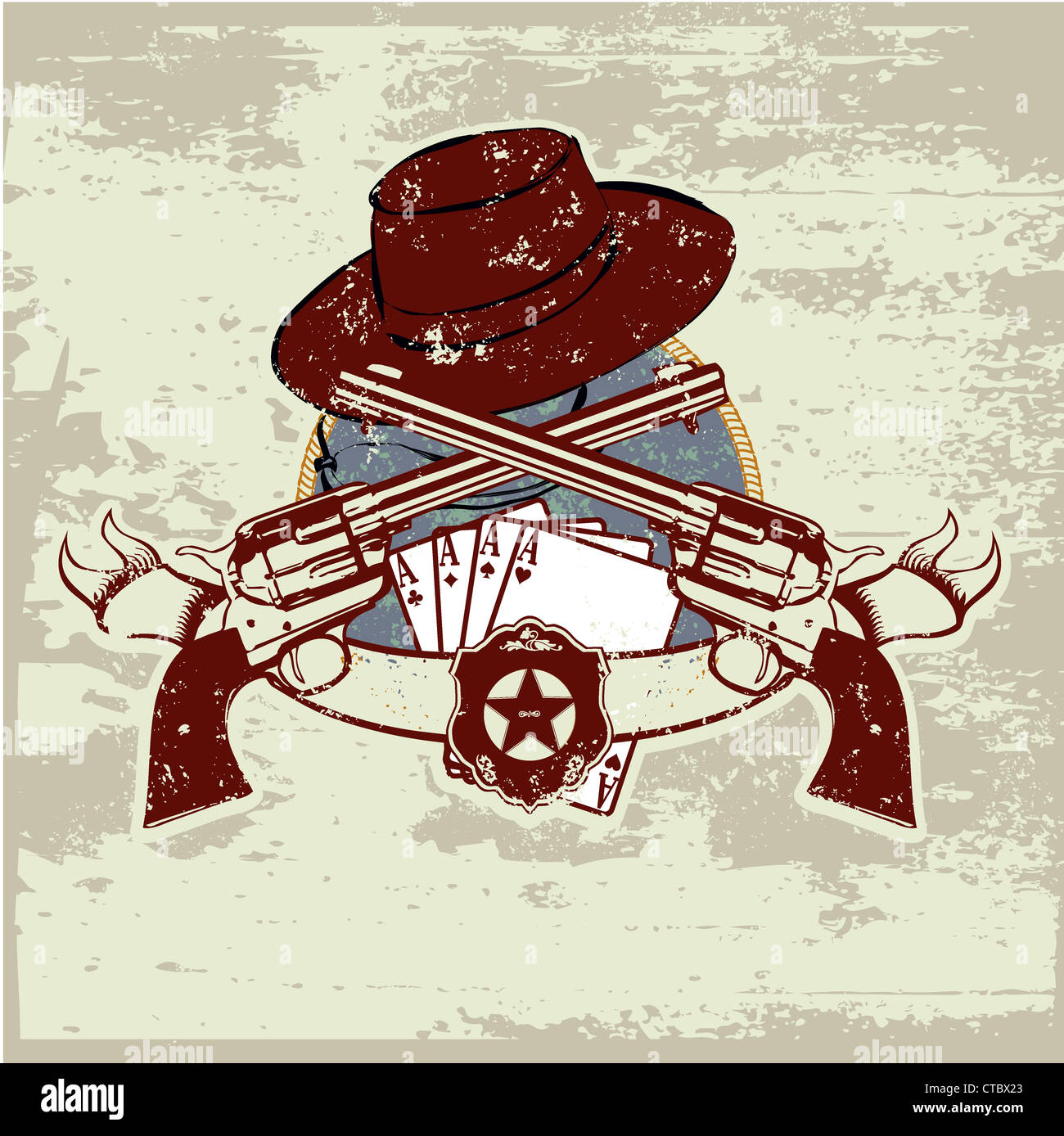 Vector insignia and banner with two guns and hat. Vector illustration ...