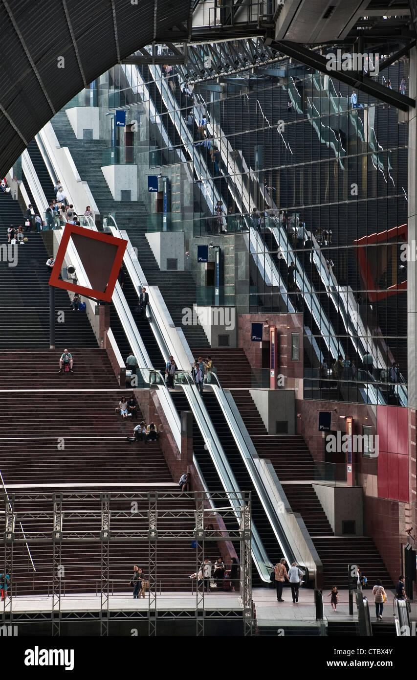 Staircase and escalator in Kyoto Station, Japan. A huge futurist ...
