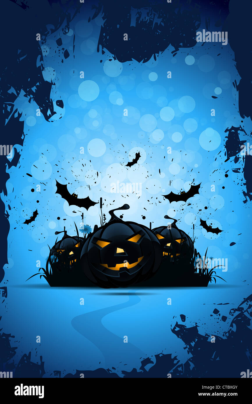 Grunge Halloween Party Background with Pampkins Grass and Bats Stock ...