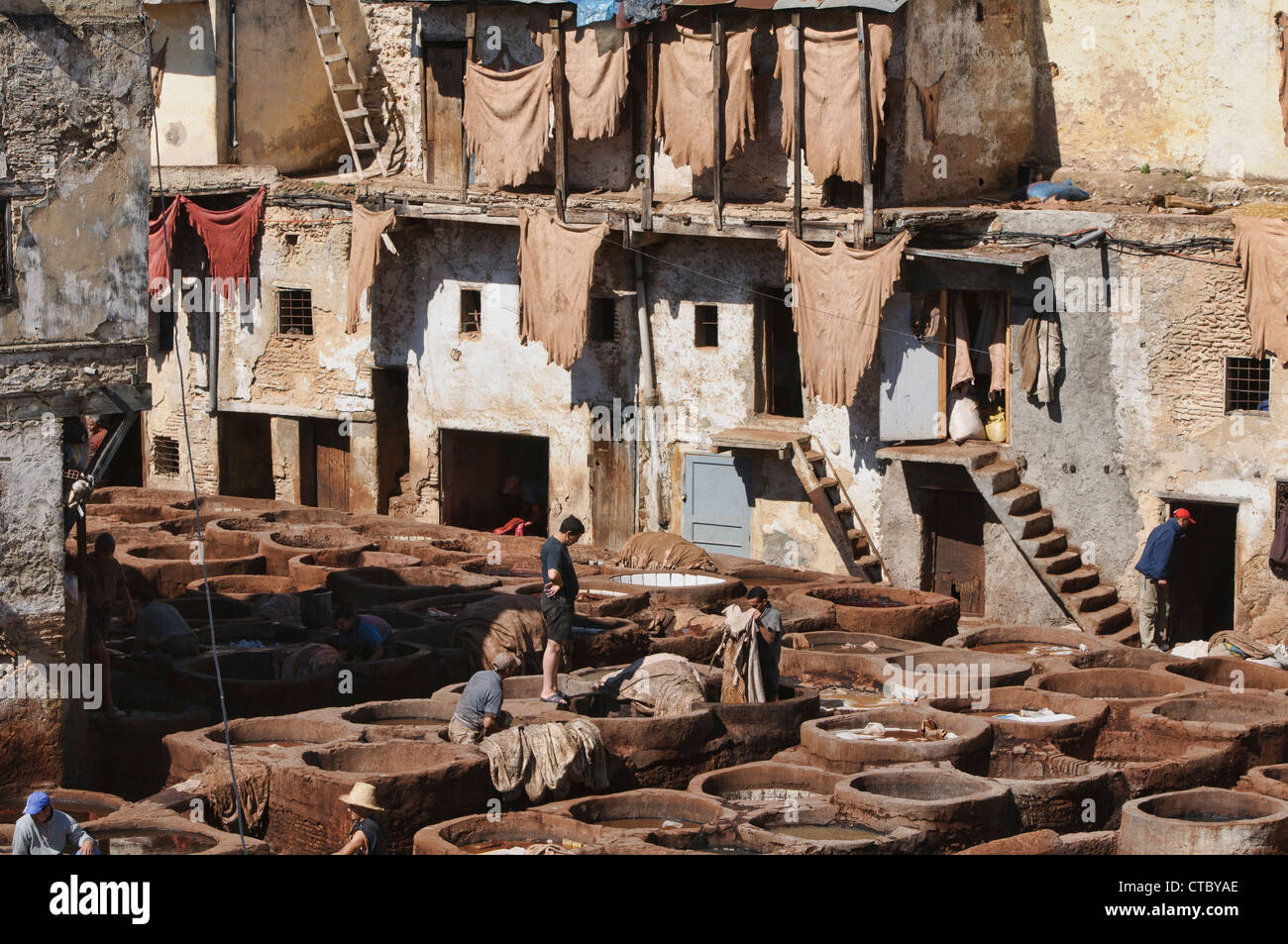 the thousand year old leather tanneries in the ancient medina of Fes ...