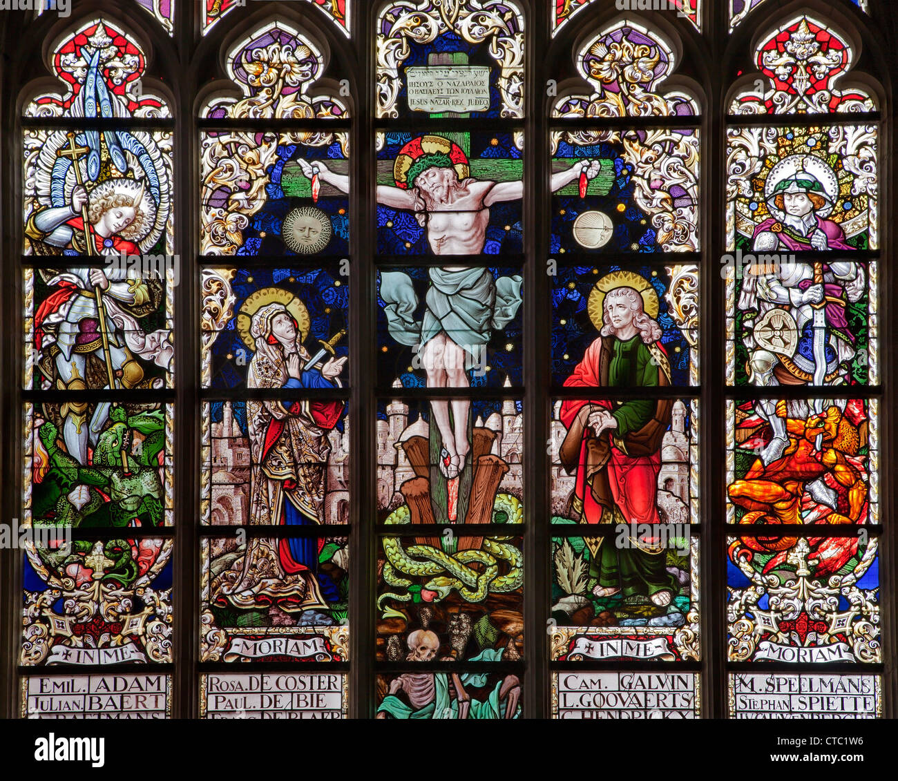 BRUSSELS - JUNE 22: Crucifixion from windowpane in gothic church Notre ...
