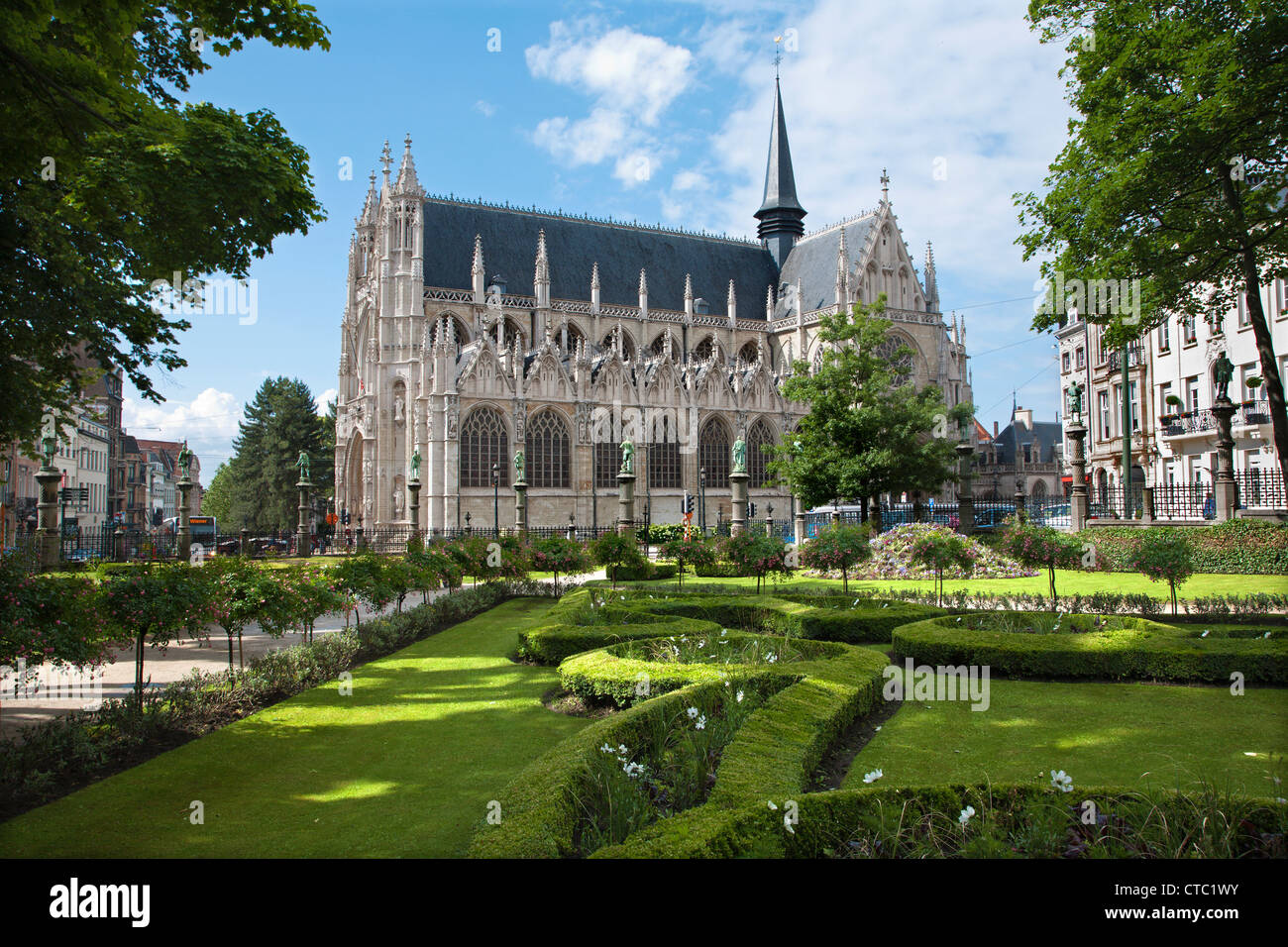 Brussels - Notre Dame du Sablon gothic church from east and park Stock ...