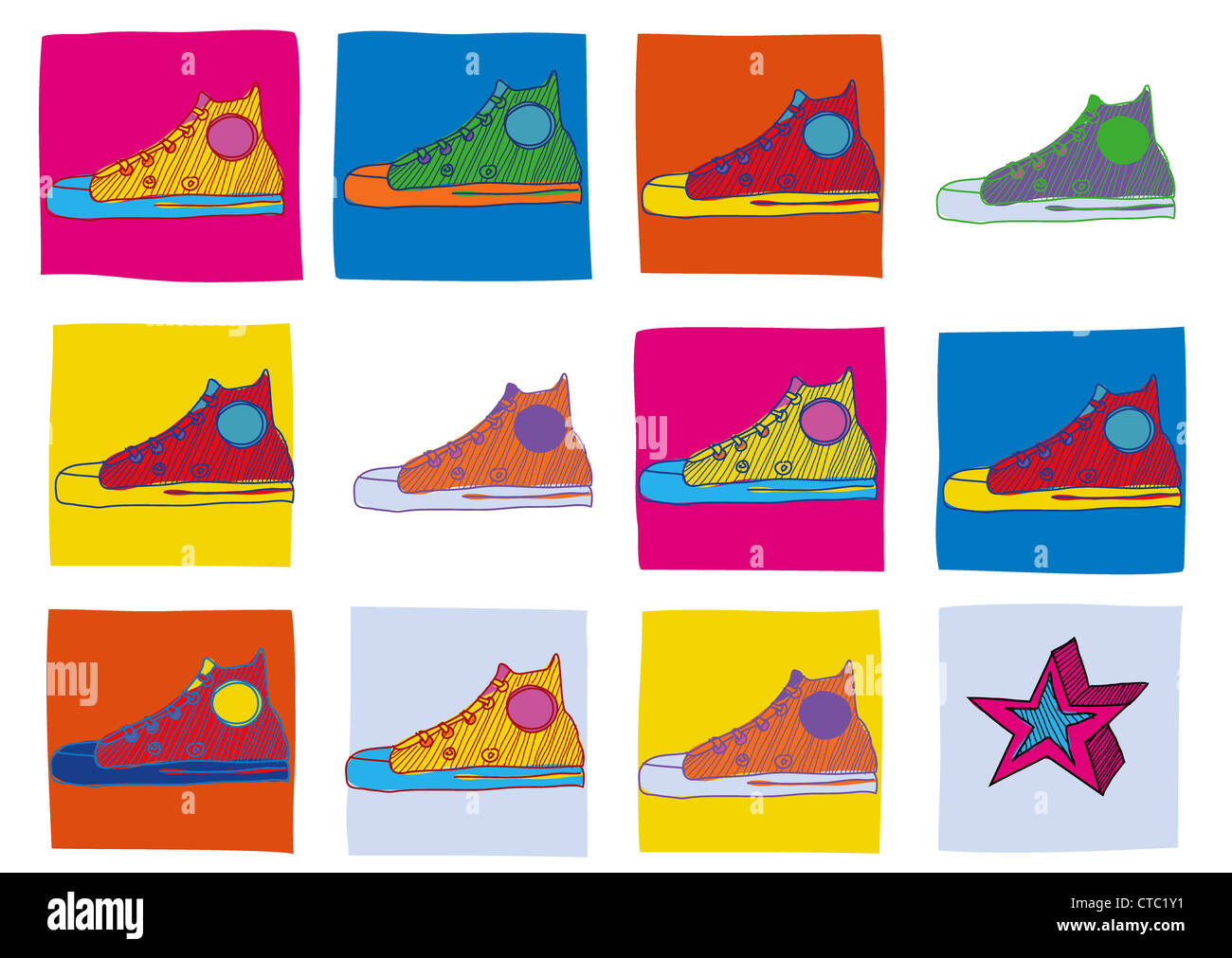 Pattern made of cool hand-drawn sport shoes in different colors. Vector ...
