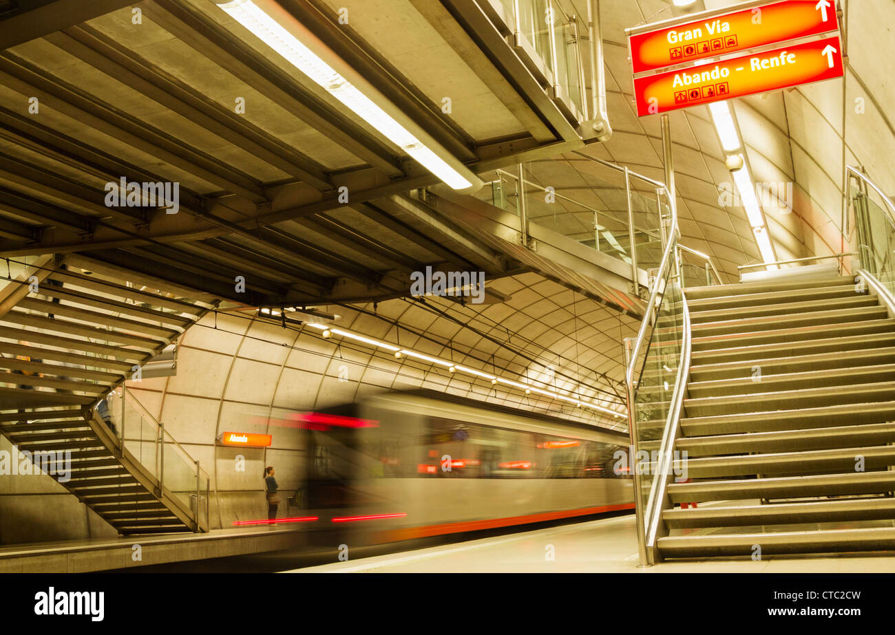 Train passing through Abando metro station in Bilbao, Basque Country ...