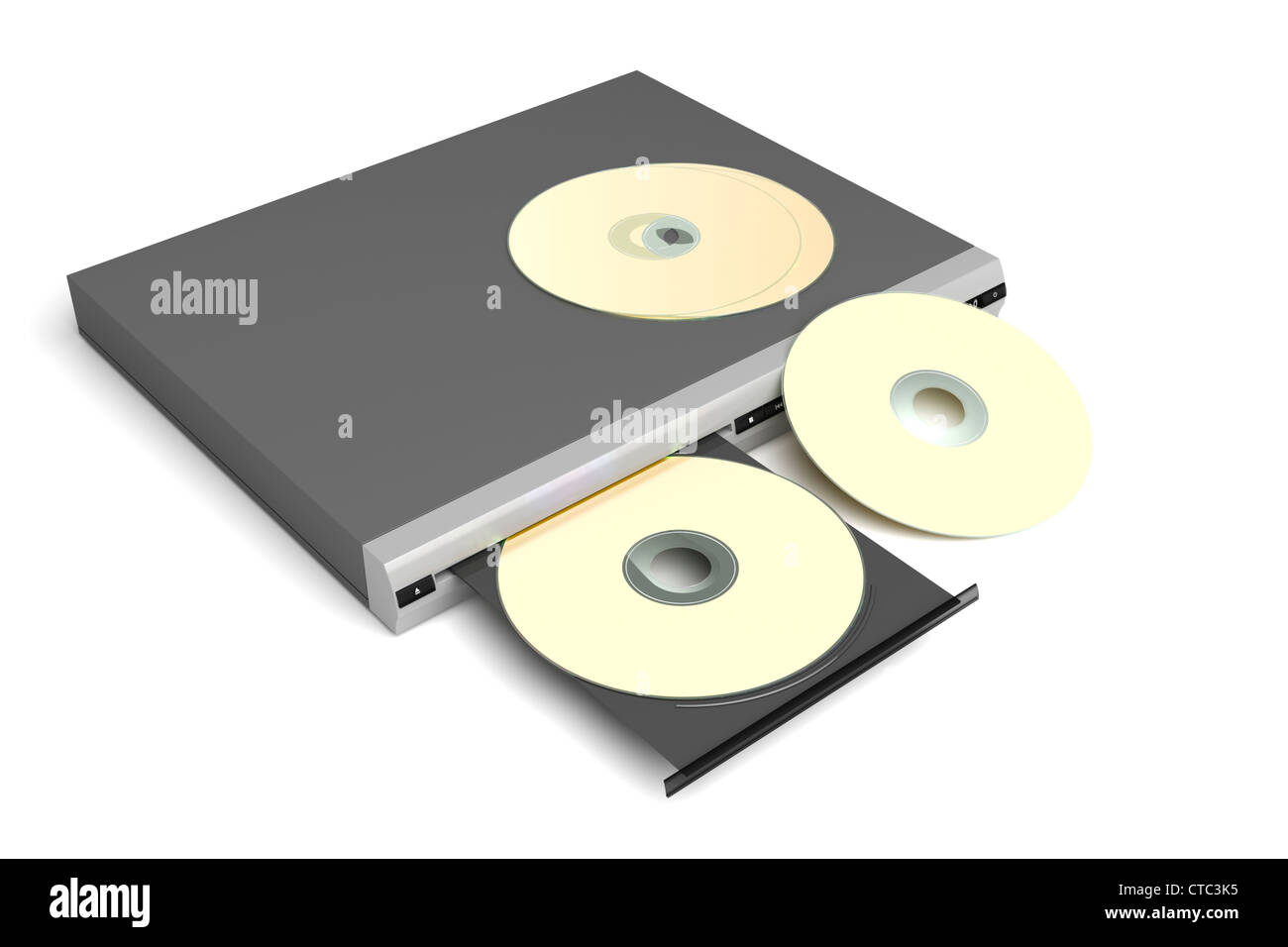 Disc player with golden discs on white background Stock Photo - Alamy