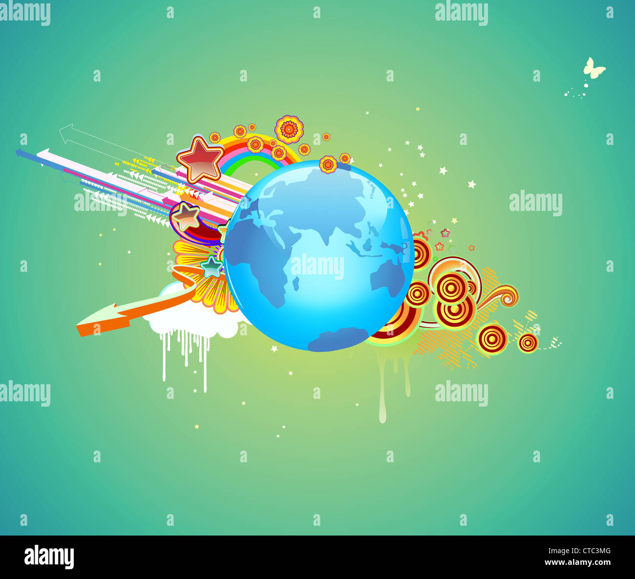 Vector illustration of funky abstract background with globe, flowers ...
