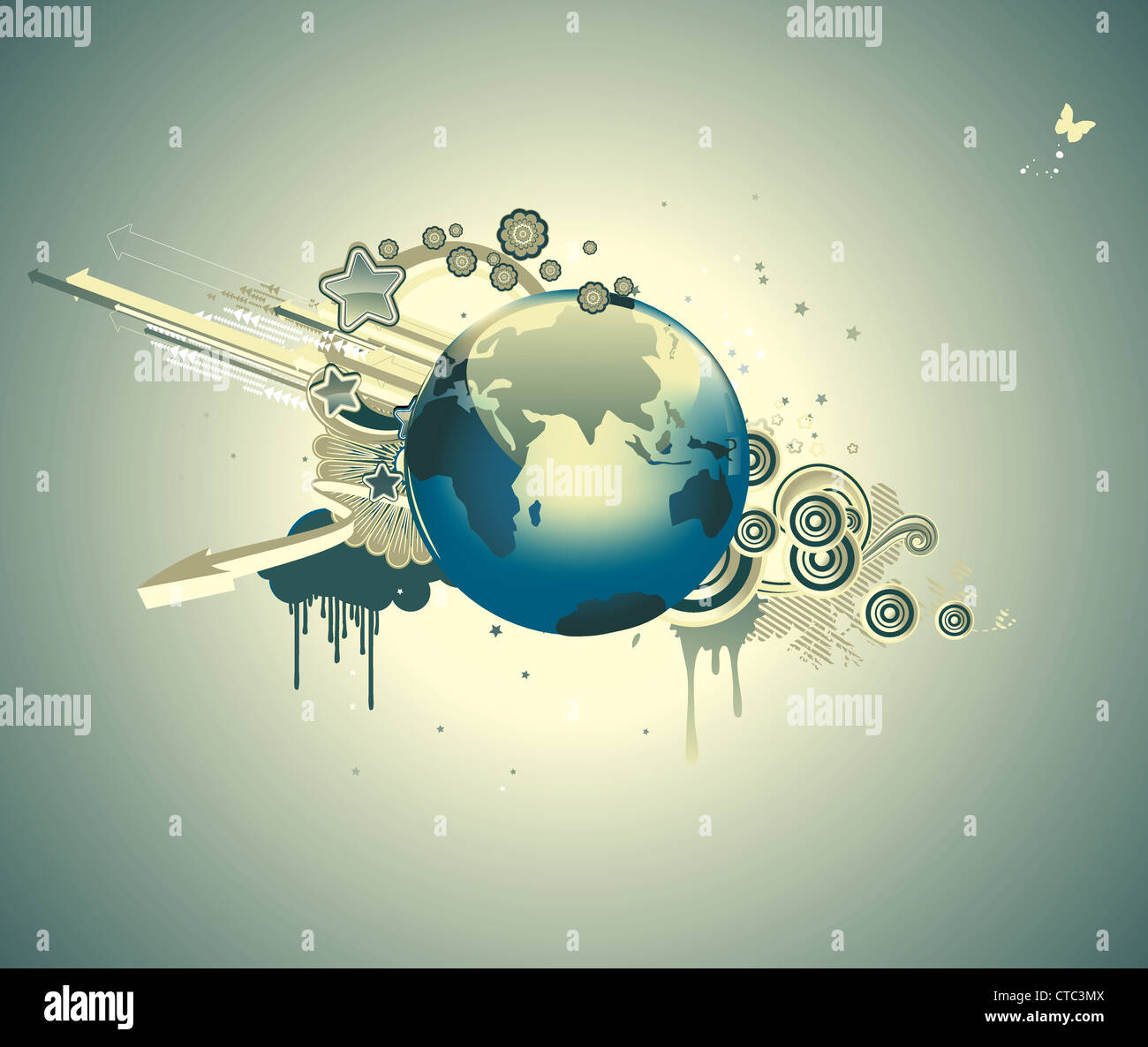 Vector illustration of funky abstract background with globe, flowers ...