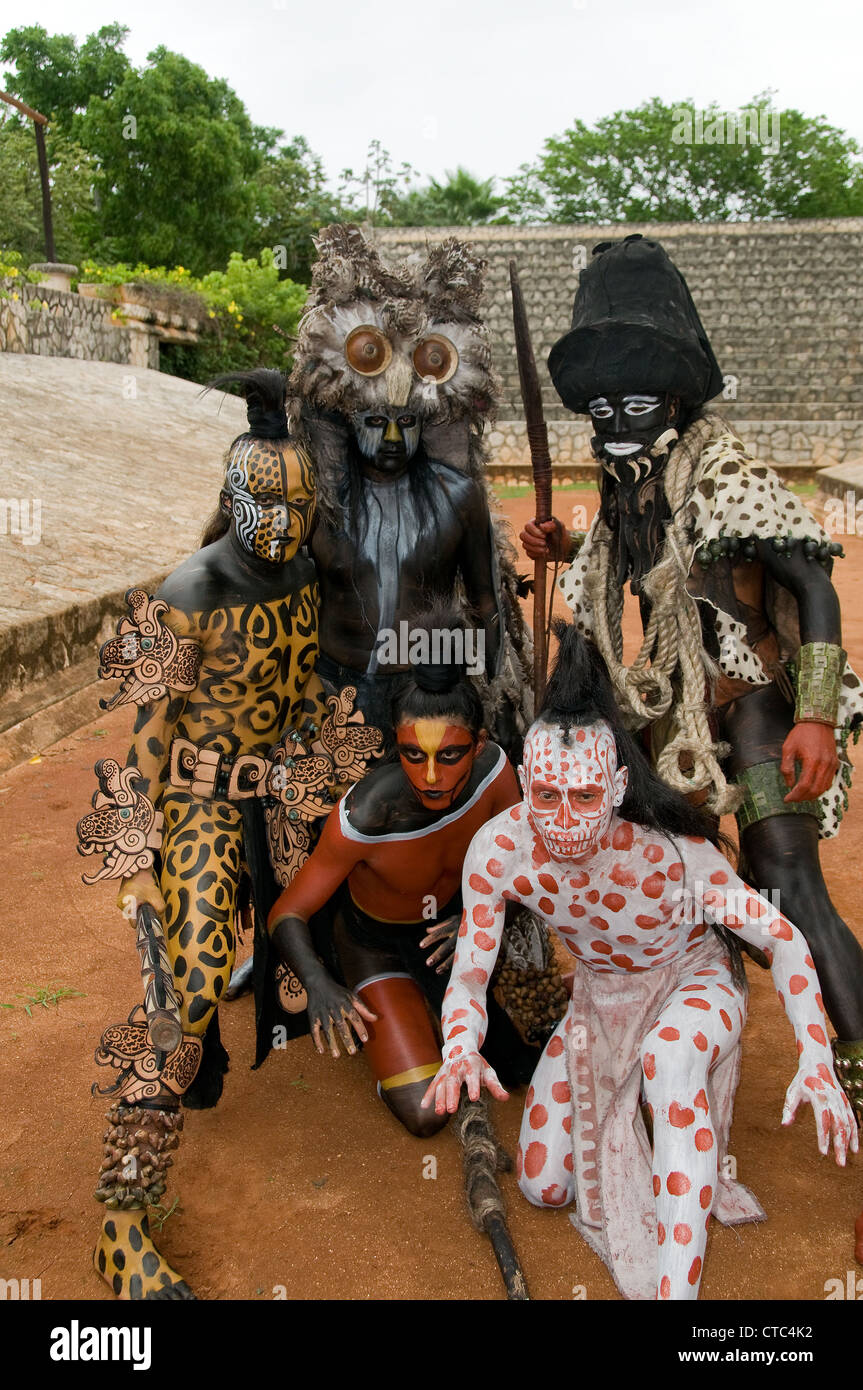 A group of Maya actors/dancers in sacred animal dress (costume) at the ...