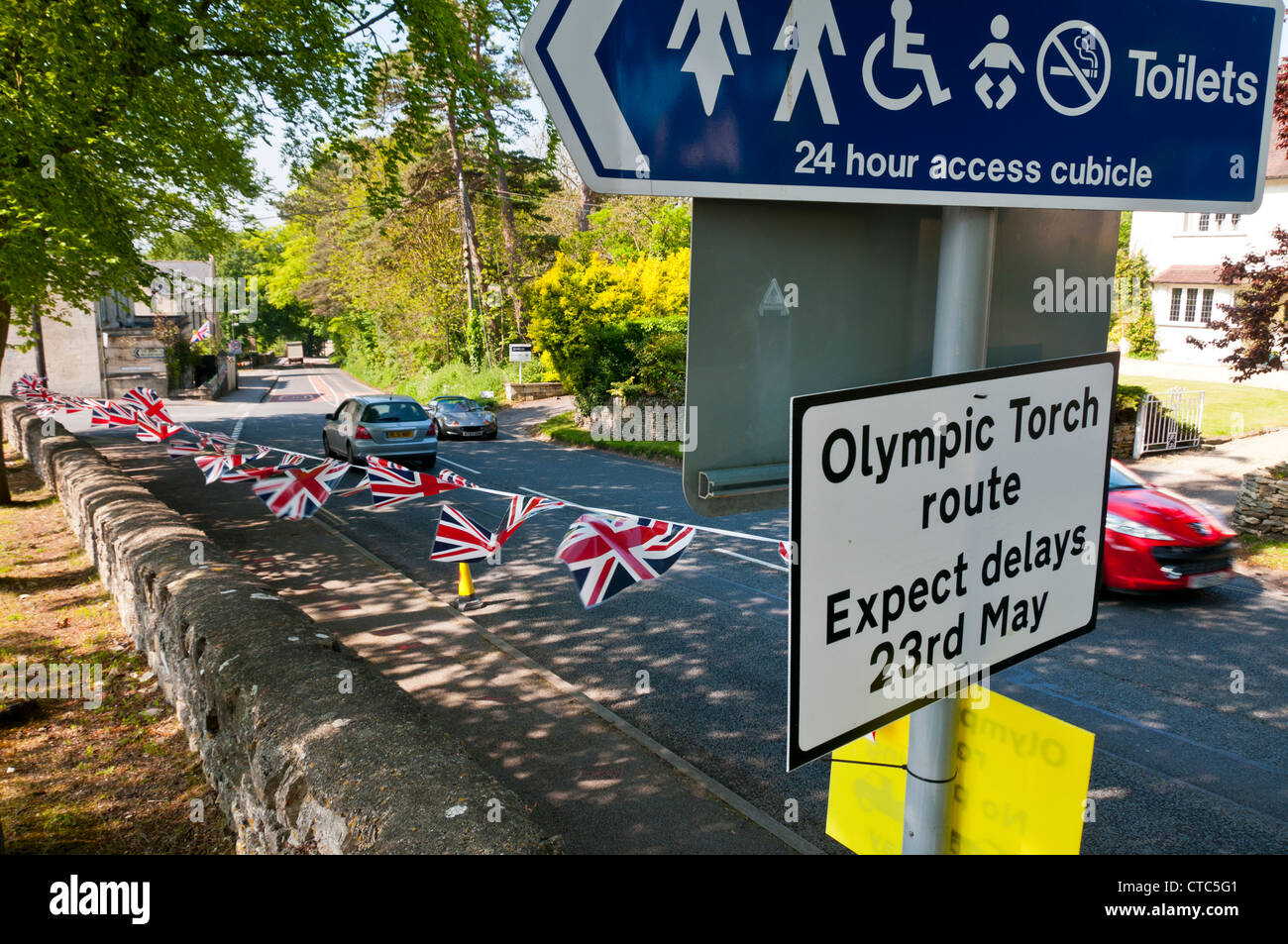 Olympic Torch route sign, Painswick, Gloucestershire, UK Stock Photo ...