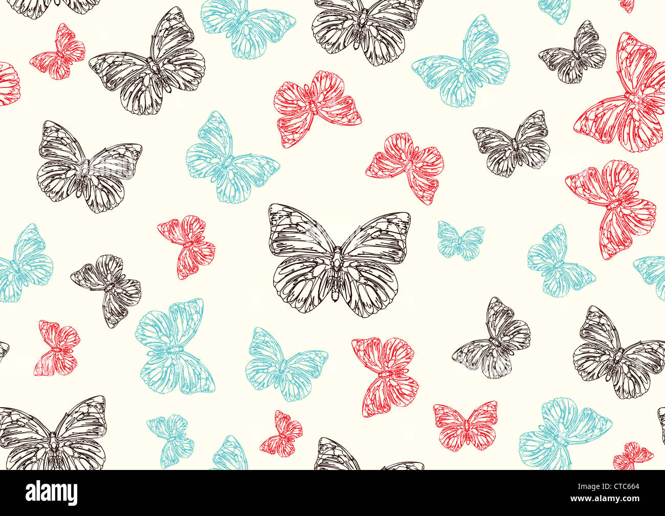 Vector illustration of many funky hand-drawn butterflies of different ...