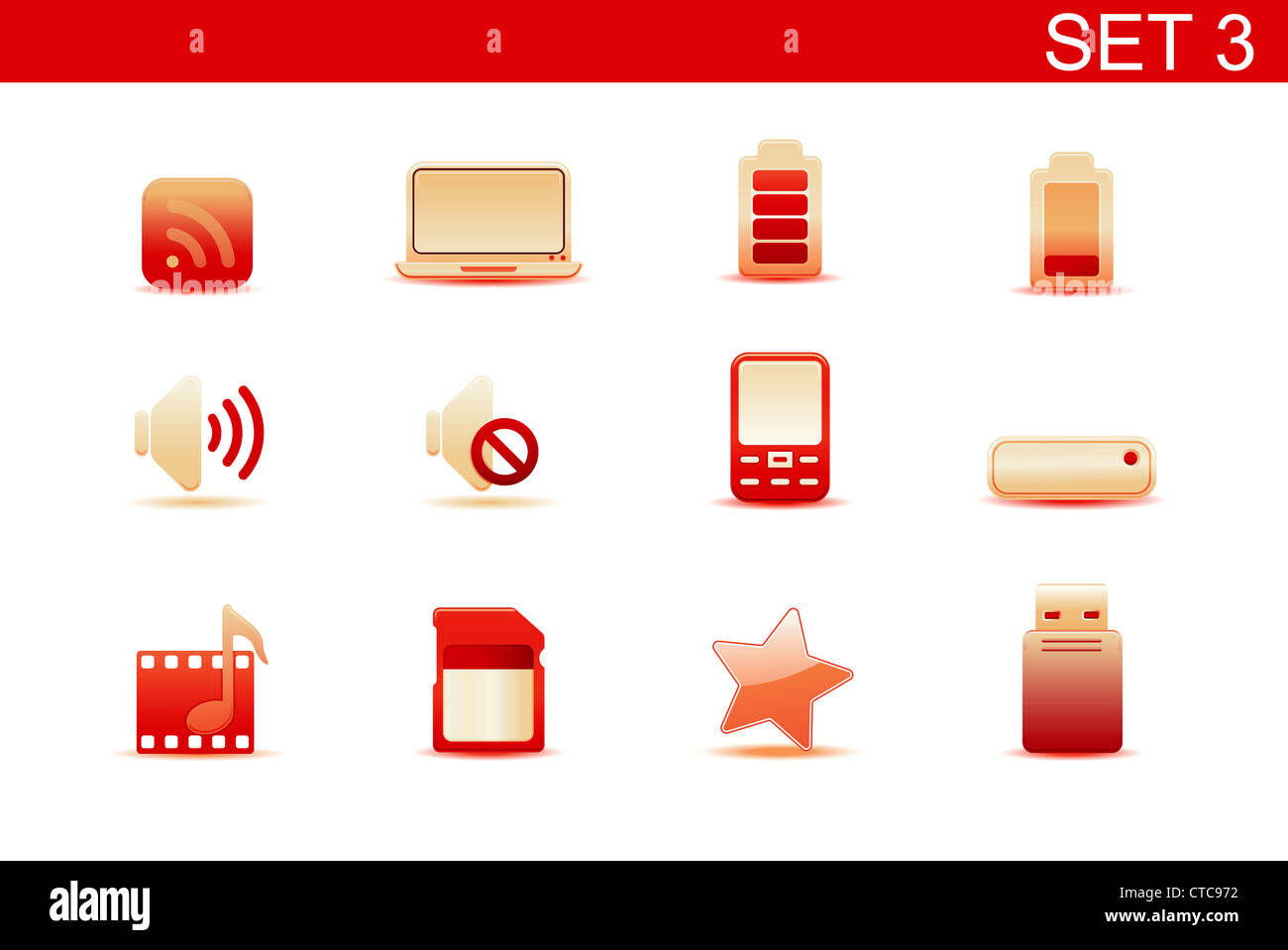 Vector illustration set of red elegant simple icons for common computer ...