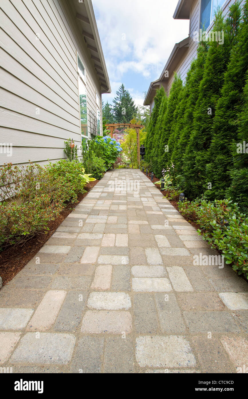 Garden Pavers Path Walkway with Landscaping Lights and Arbor Stock ...