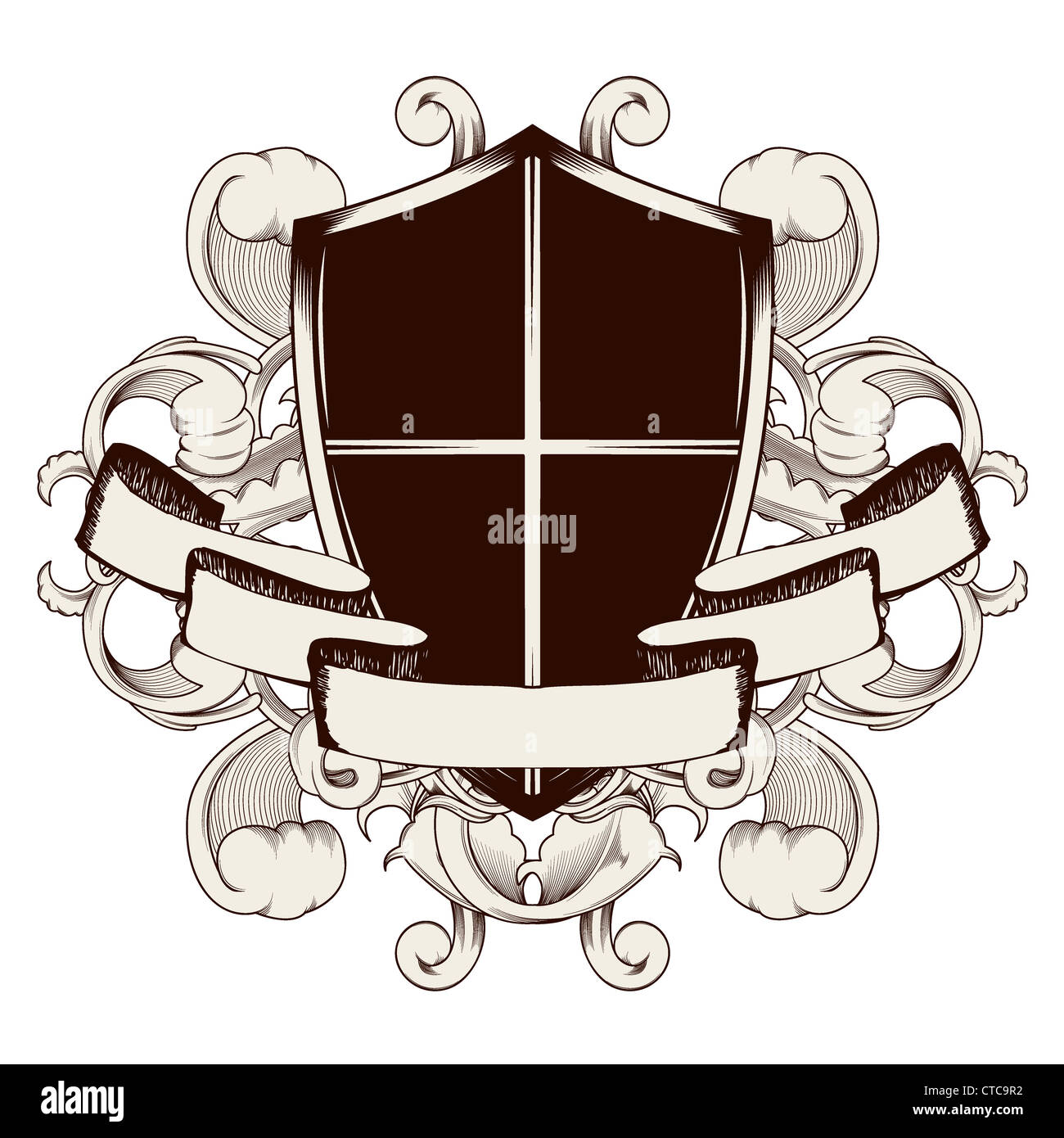 vintage shield with floral and scroll Stock Photo - Alamy