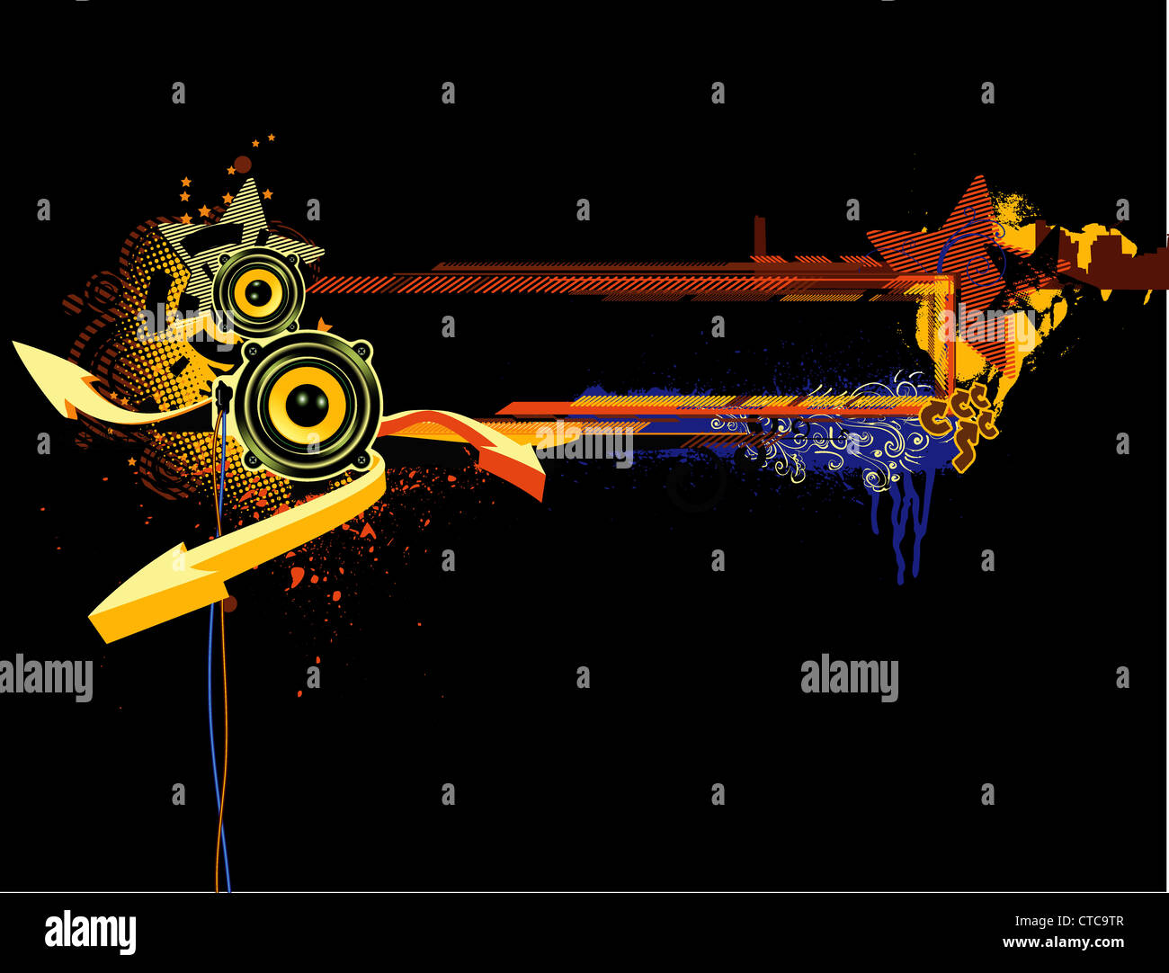 Vector illustration of urban music grunge frame with stars and speakers ...