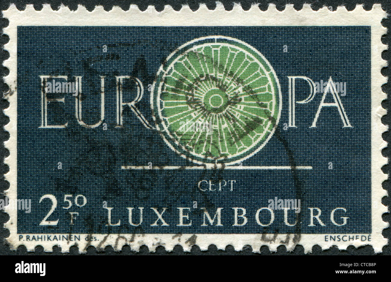 A stamp printed in Luxembourg, shows the word EUROPE, the letter O as a ...