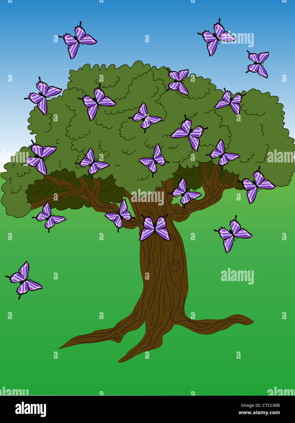 A green tree with many colorful butterflies Stock Photo - Alamy