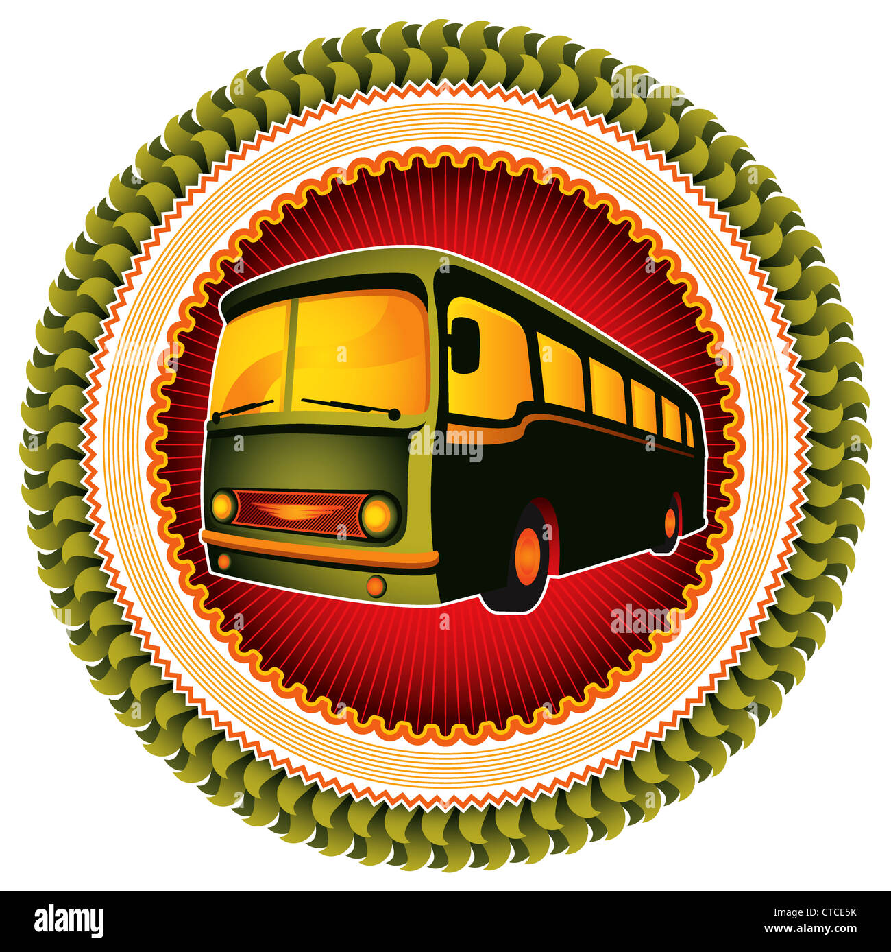 Illustrated colorful label with retro bus Stock Photo - Alamy