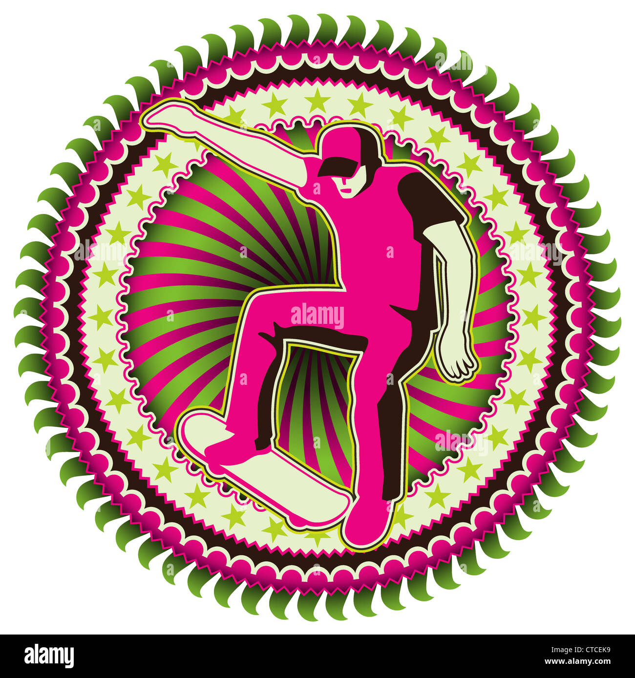 Illustrated skateboarding label with retro shapes Stock Photo - Alamy