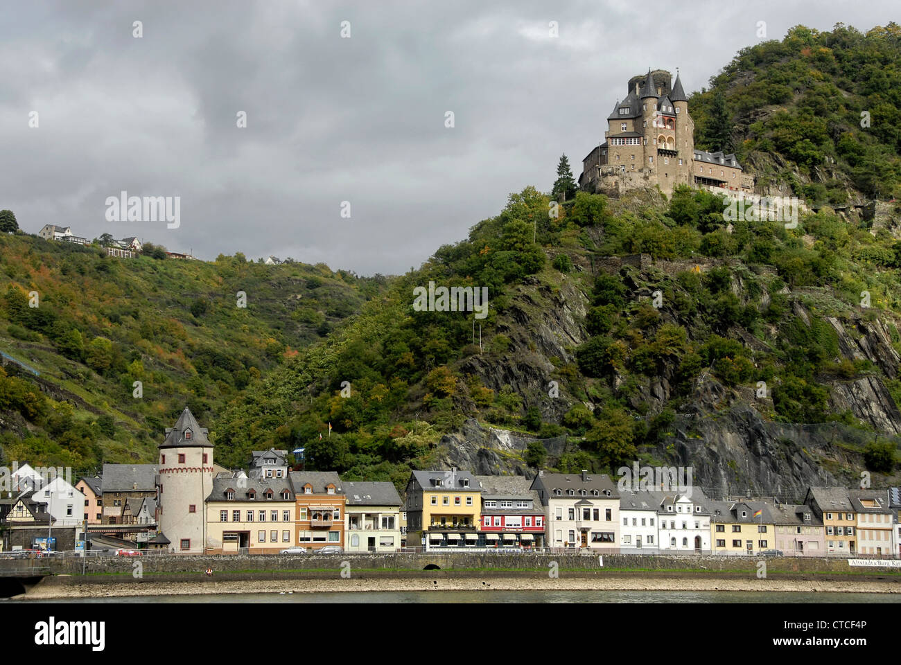 Castle on the hill overlooking the town of Sankt Goar, On the Rhine ...