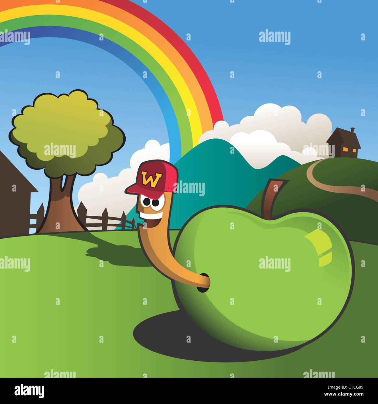 Village background with funny worm Stock Photo - Alamy