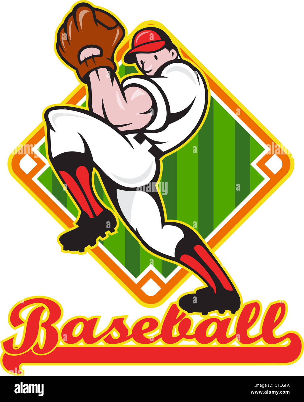 Cartoon illustration of a baseball player pitcher pitching ball facing ...