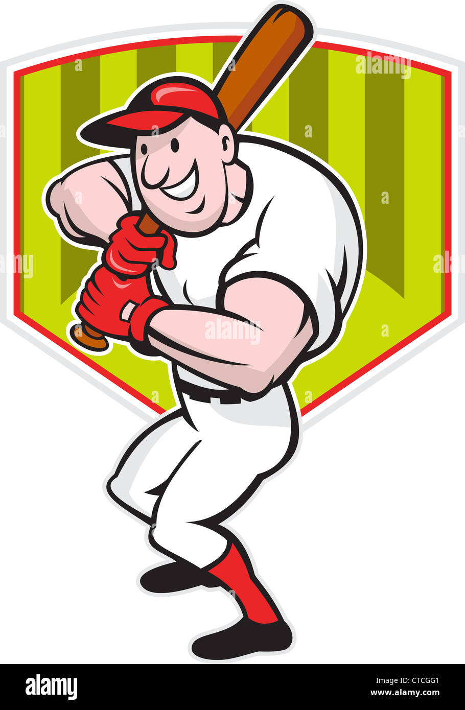 Cartoon illustration of a baseball player with bat batting facing front ...
