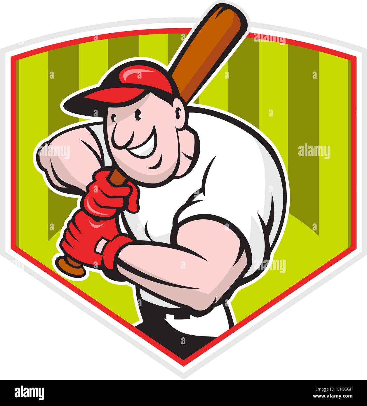 Cartoon illustration of a baseball player with bat batting facing front ...