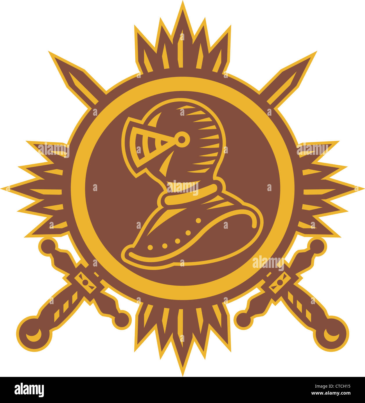 Retro illustration of a knight head facing side with crossed two sword ...