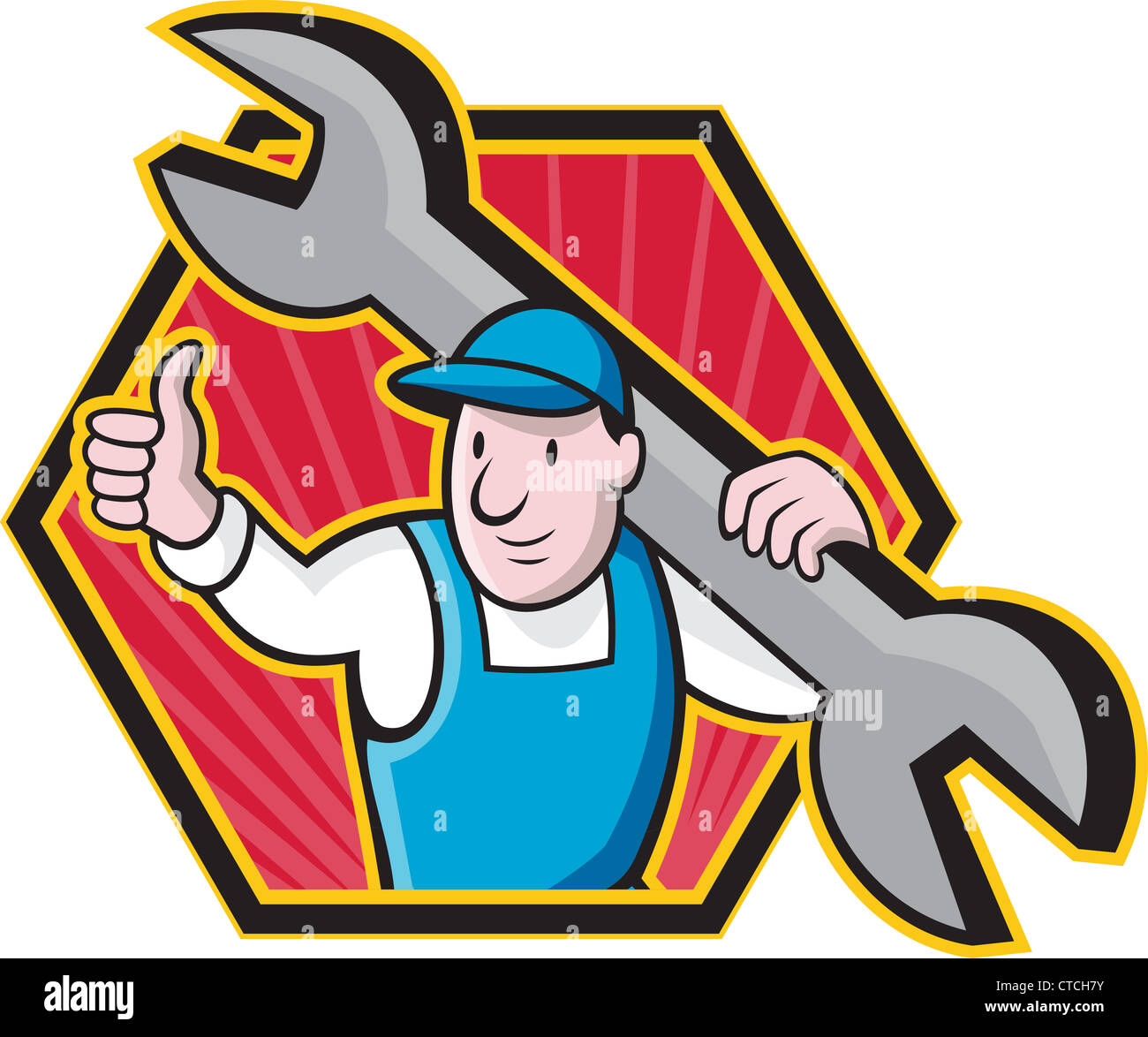 Cartoon illustration of a mechanic worker carrying giant spanner wrench ...