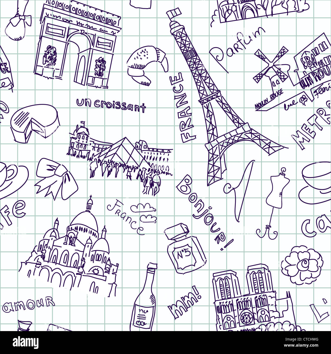 Sightseeing in Paris doodles. Seamless Background Stock Photo - Alamy