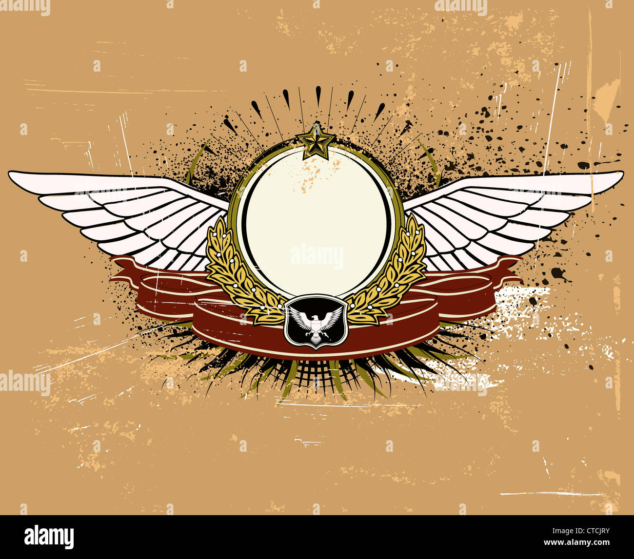 Vector illustration of winged heraldic shield or badge with banner ...