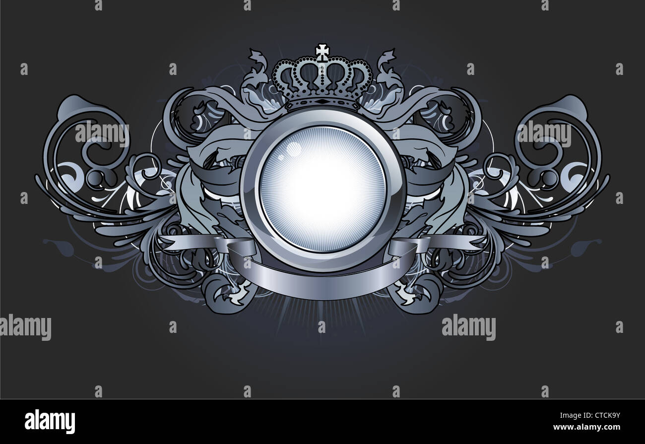 Vector illustration of heraldic frame or badge with crown, banner and ...